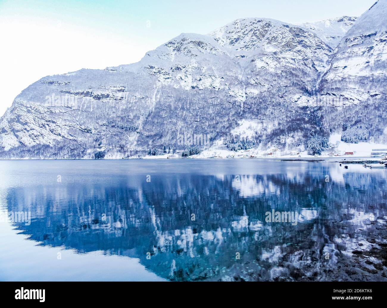 Winter landscape at the frozen fjord lake river in Framfjorden ...