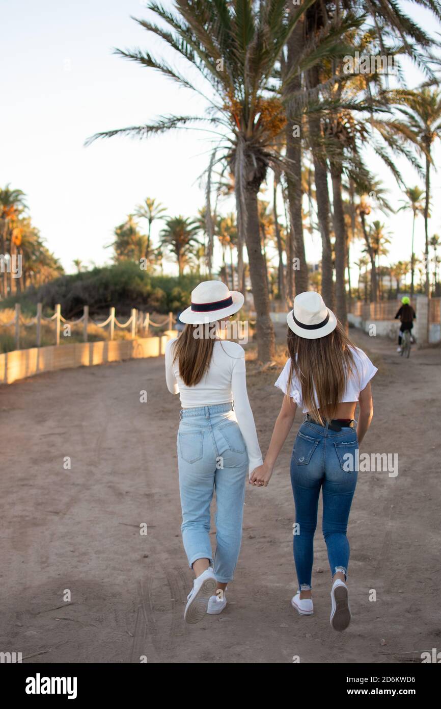 Back view of two friends walking together in a park at sunrise with a ...