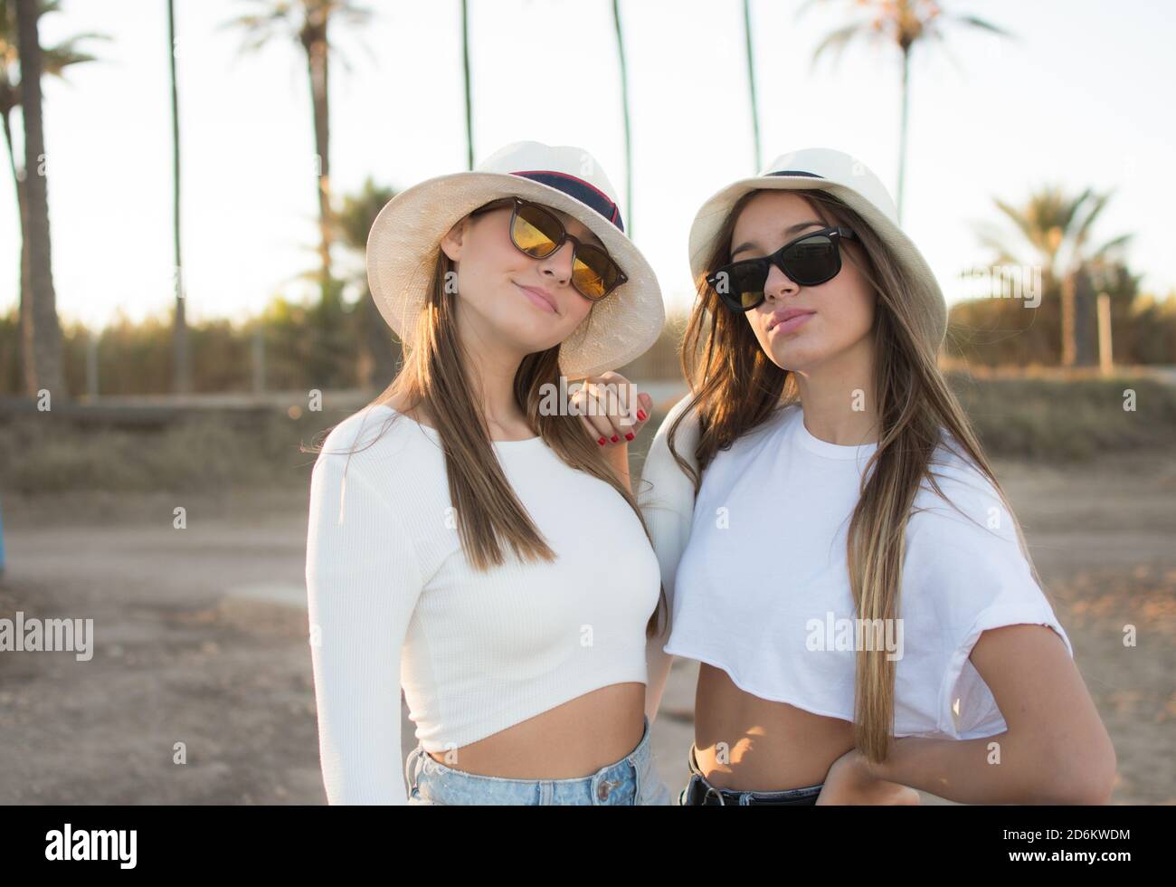 Back view of two friends walking together in a park at sunrise with a ...