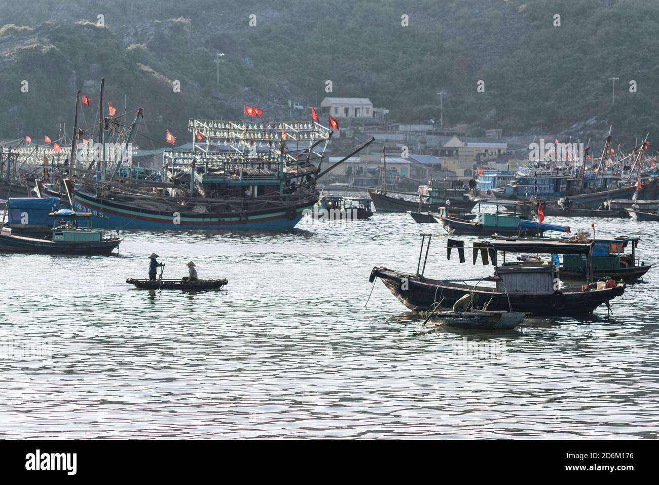 Fishing boats in Ha Long Bay, Cat Ba Island, Vietnam, descending dragon ...