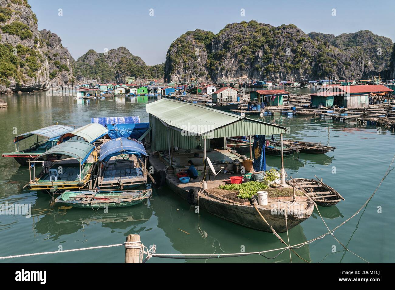 Floating Village on Ha Long Bay, Cat Ba Island, Vietnam, descending ...