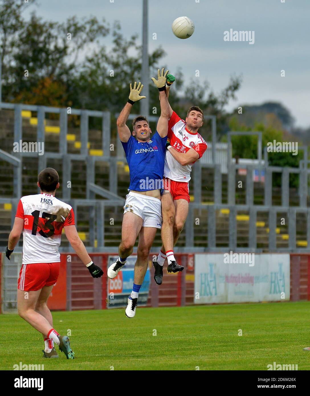 Longford’s Kevin Diffley (blue) and Derry’s Ciaran McFaul in an aerial ...