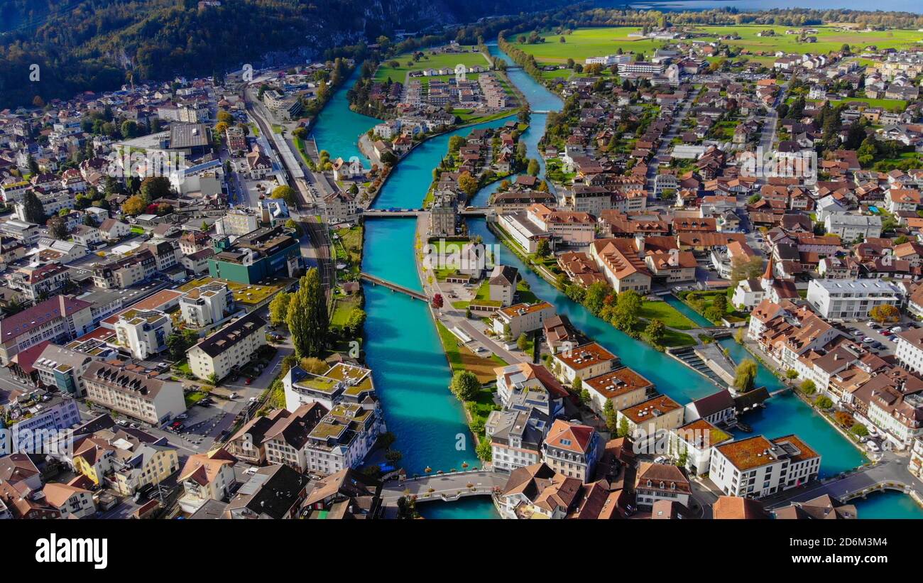 Aerial view over the city of Interlaken in Switzerland Stock Photo - Alamy