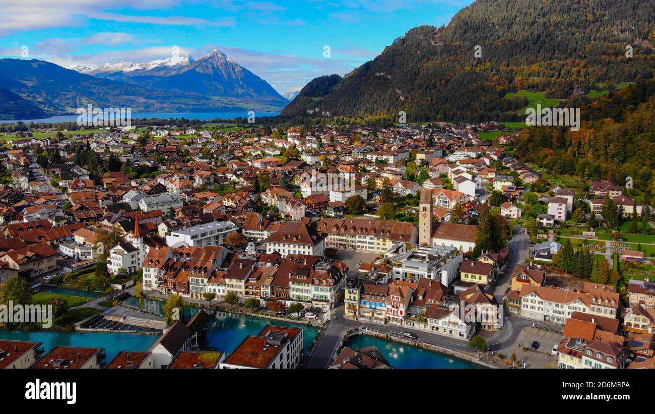 Aerial view over the city of Interlaken in Switzerland Stock Photo - Alamy