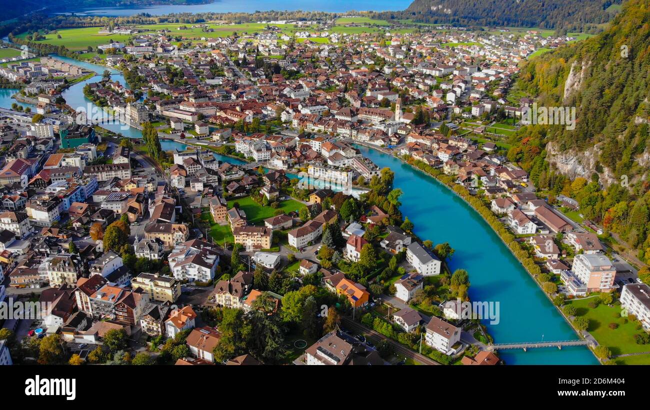 Aerial view over the city of Interlaken in Switzerland Stock Photo - Alamy