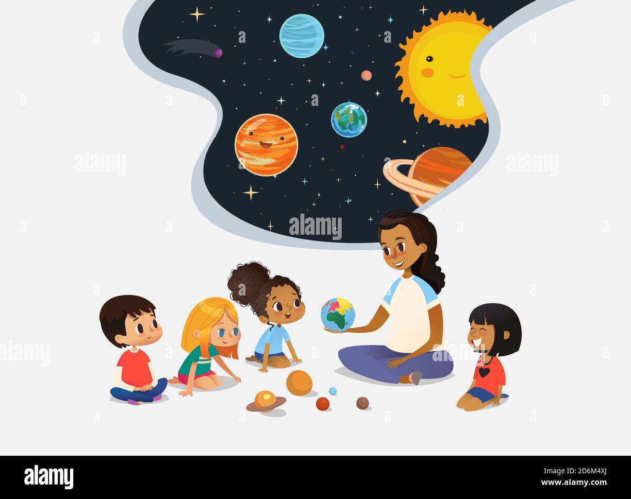 Female teacher demonstrates Earth model to children and tells them ...