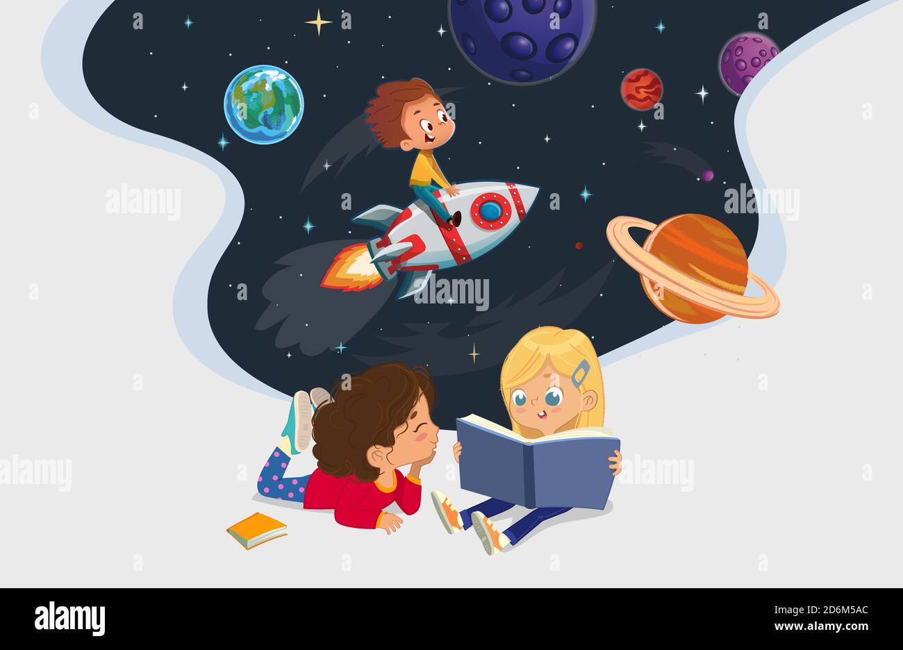 Illustration of two girls sitting on the floor and reading the book ...