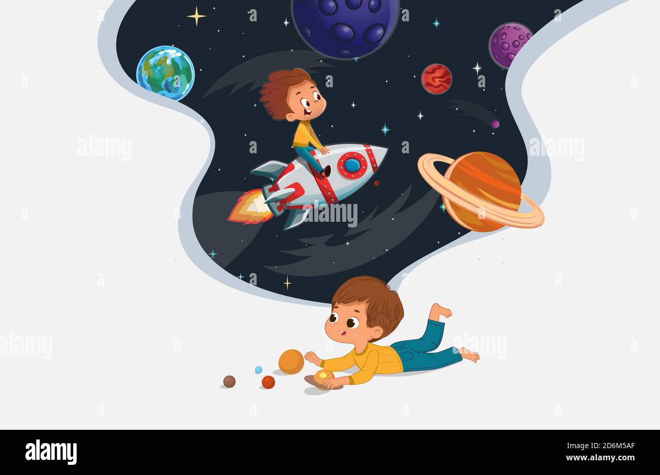Cute preschool boy sit on the floor and play with the toy planets and ...