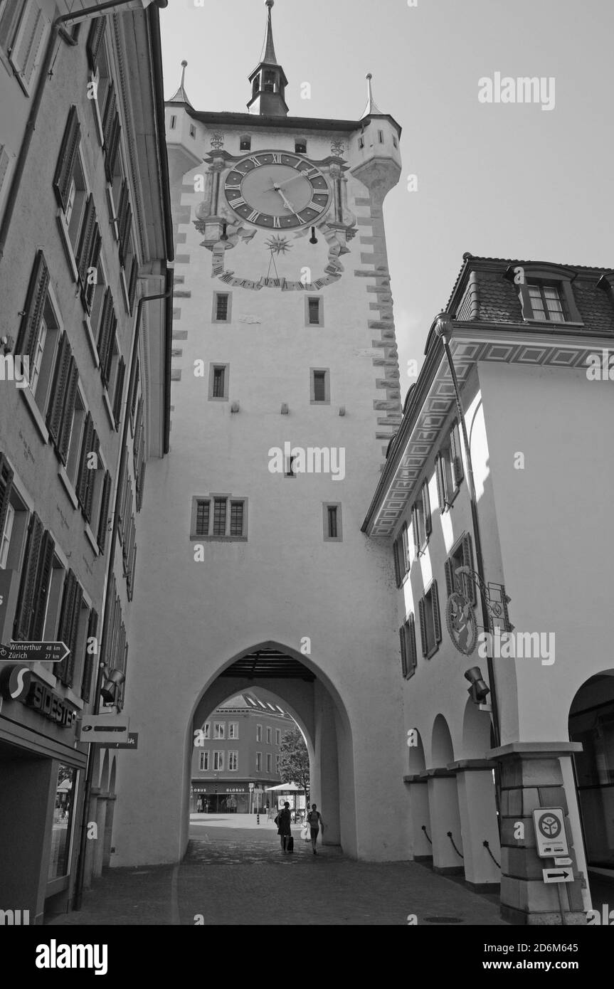 Switzerland: The historic clock tower in Baden City in canton Aargau ...