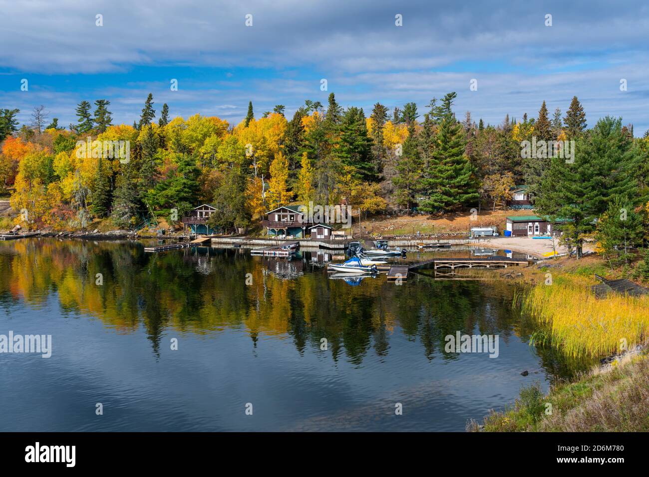 Fall foliage color and a lakeside resort near Sioux Narrows, Ontario ...