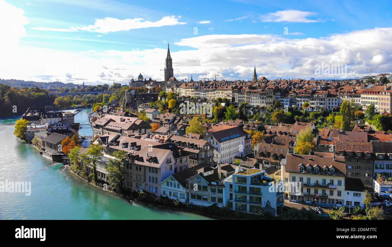 Historic district of Bern in Switzerland - aerial view over the capital ...