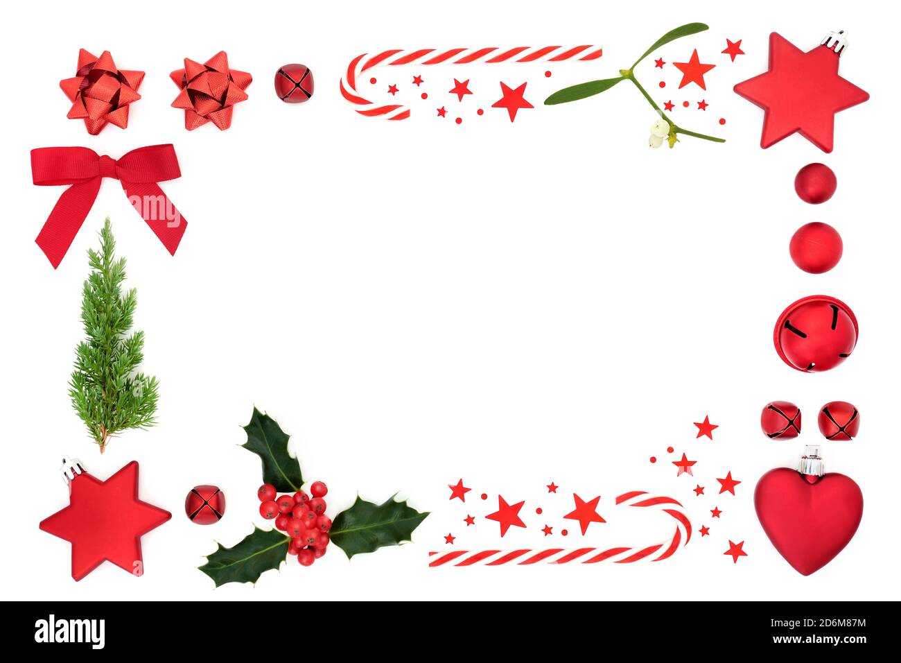 Abstract Christmas border with red bauble decorations, stars, fir ...