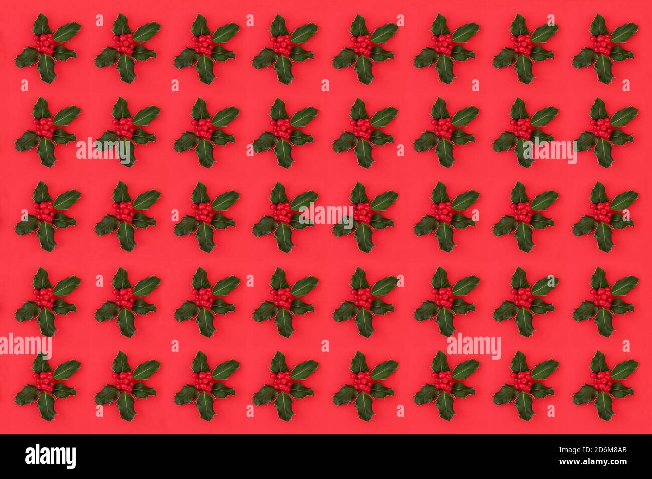 Christmas & winter holly with berries repeat pattern on red background ...