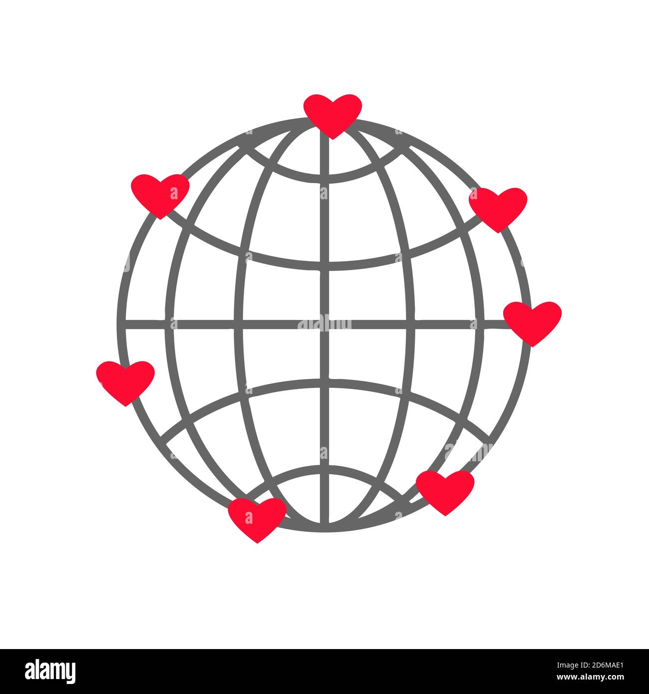 Abstract earth globe icon with meridians, red hearts. Vector ...