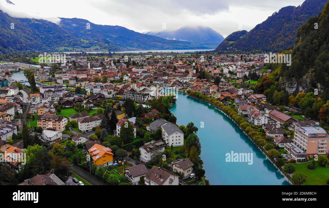 Aerial view over the city of Interlaken in Switzerland Stock Photo - Alamy