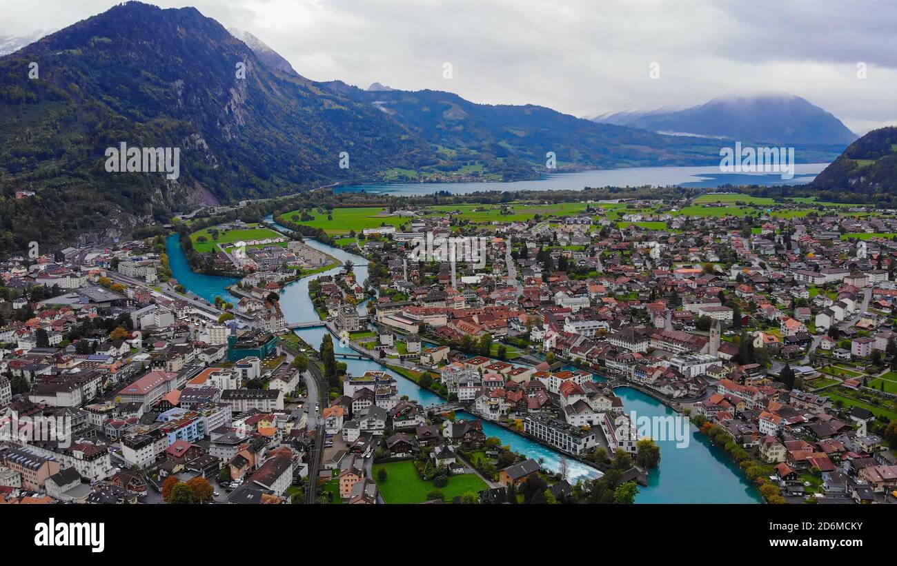 Aerial view over the city of Interlaken in Switzerland Stock Photo - Alamy