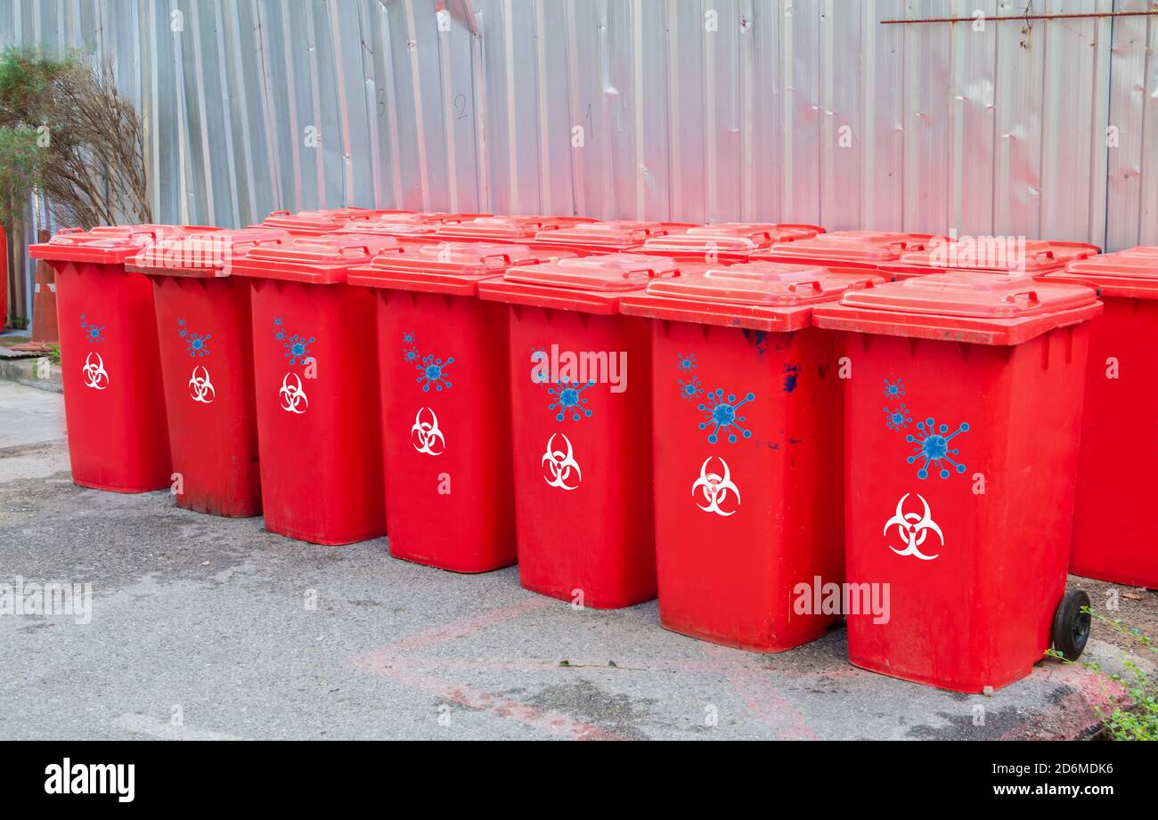 red bins group with symbol infectious in the outdoors keep clean from ...