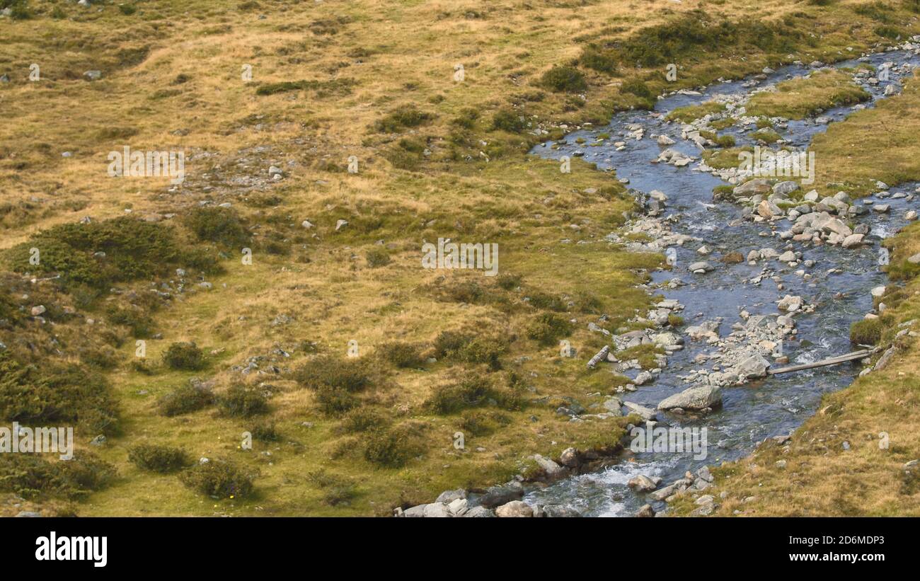 Aerial shot of a small river surrounded by greens. Camera is flying ...