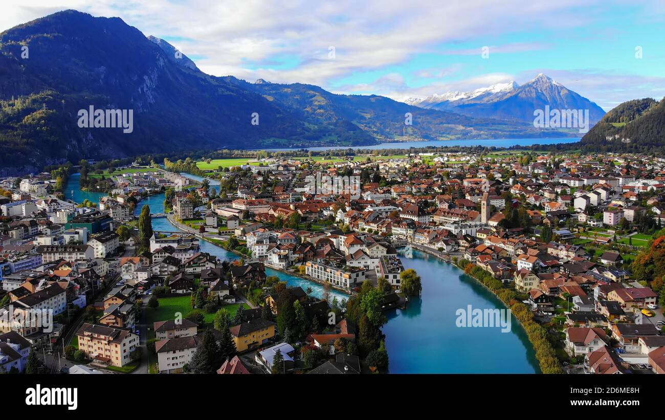 Aerial view over the city of Interlaken in Switzerland Stock Photo - Alamy