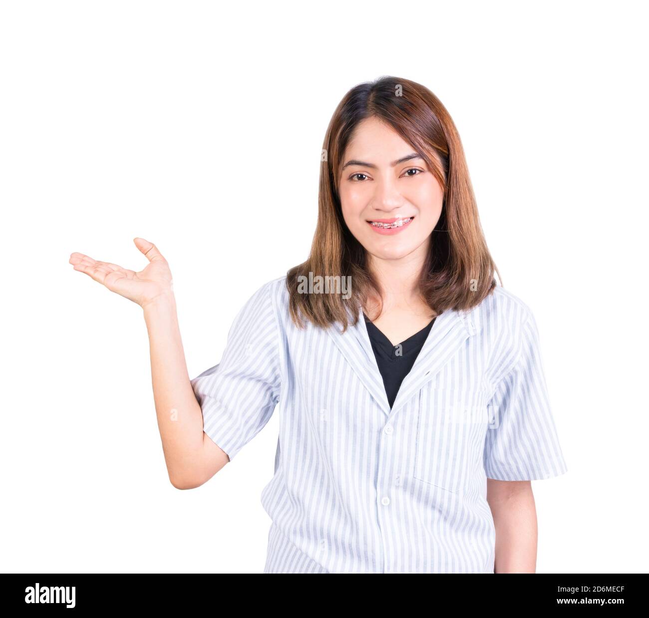 woman showing open hand for product or something portrait on white ...