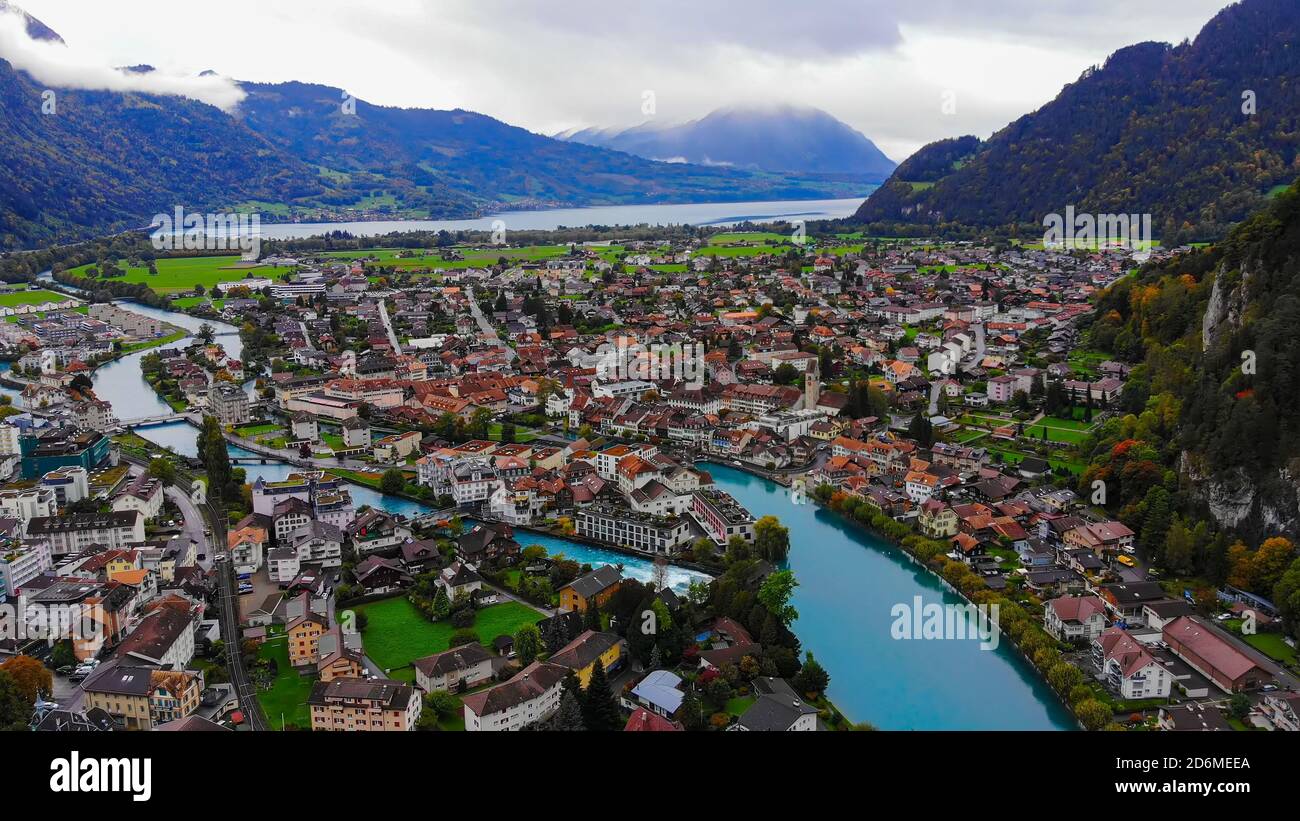 Aerial view over the city of Interlaken in Switzerland Stock Photo - Alamy