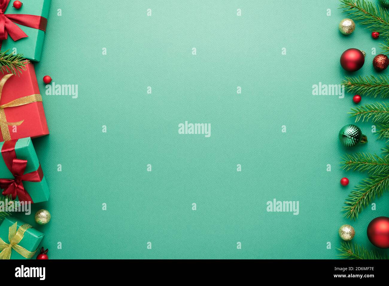 Turquoise christmas background with fir branches and decorations. Happy ...