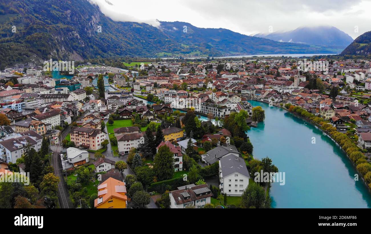 Aerial view over the city of Interlaken in Switzerland Stock Photo - Alamy