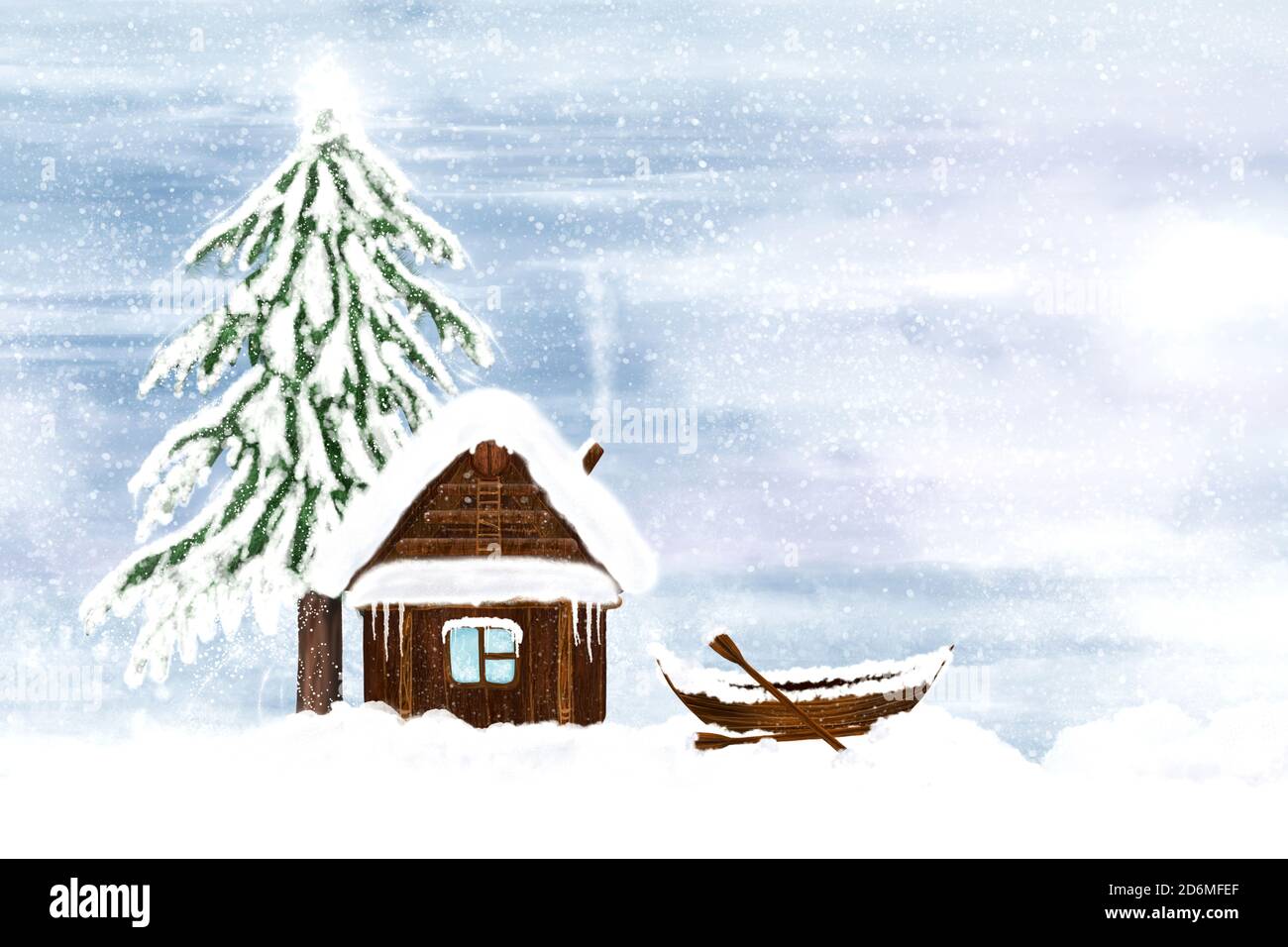 A cozy wooden house with a large pine tree and an old boat create a ...