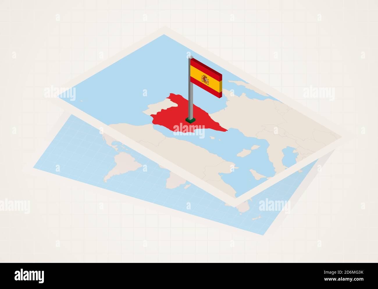 Spain selected on map with isometric flag of Spain. Vector paper map ...