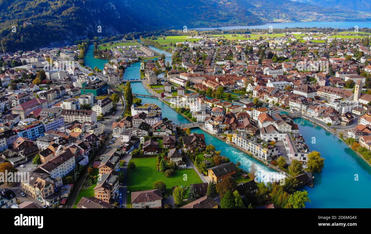 City of Interlaken in Switzerland - amazing drone footage Stock Photo ...