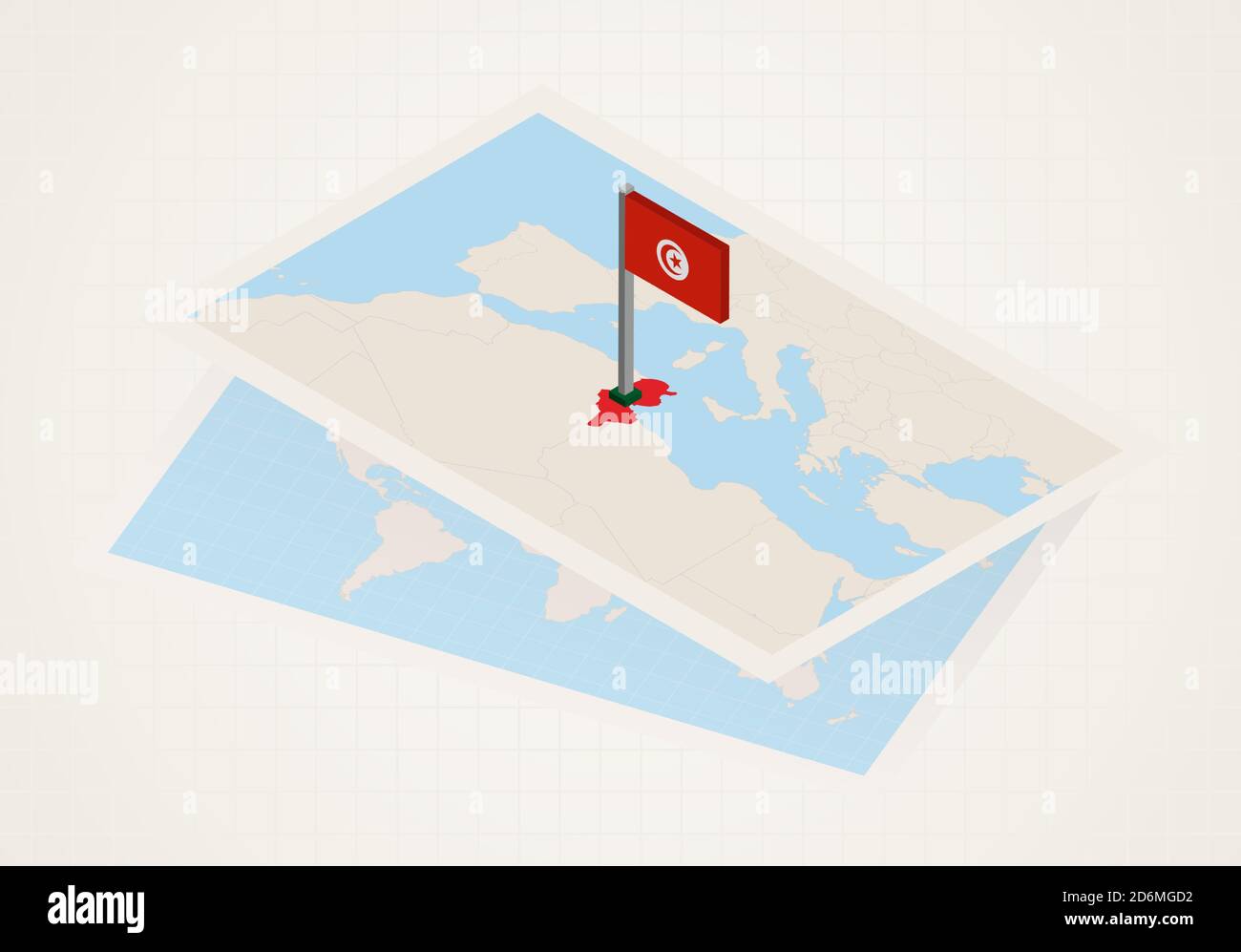 Tunisia Selected On Map With 3d Flag Of Tunisia Vector Paper Map Stock