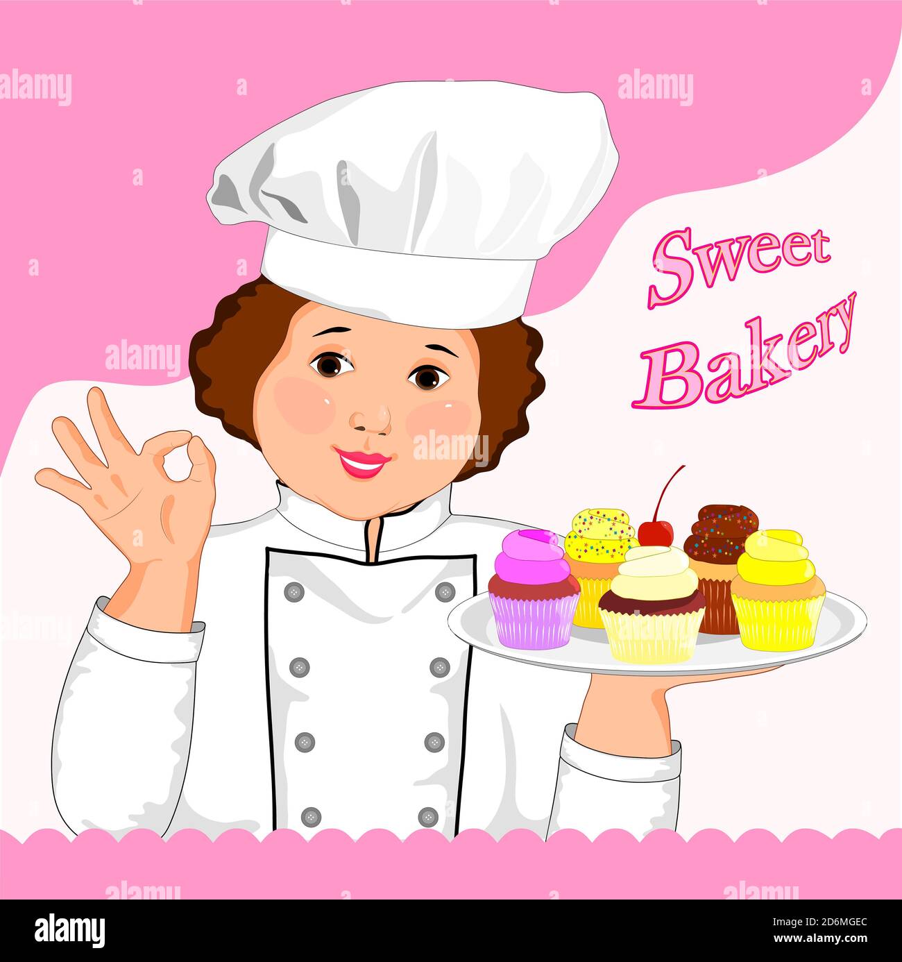 A woman pastry chef in a white hat. Cake on a platter. Well, the sign ...