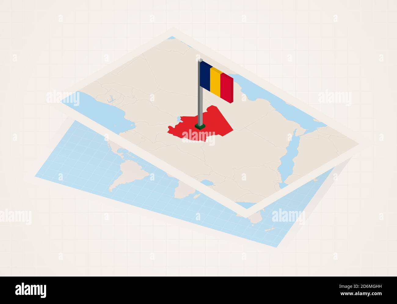 Chad selected on map with 3D flag of Chad. Vector paper map Stock ...