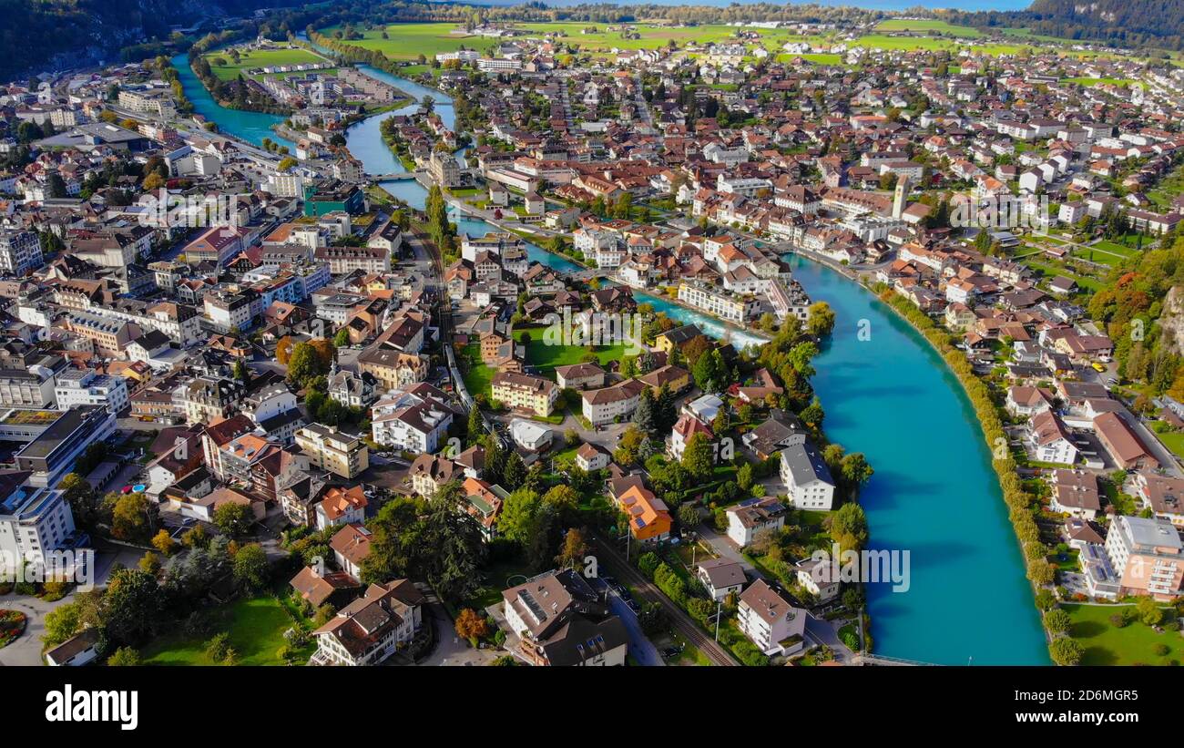 Aerial view over the city of Interlaken in Switzerland Stock Photo - Alamy