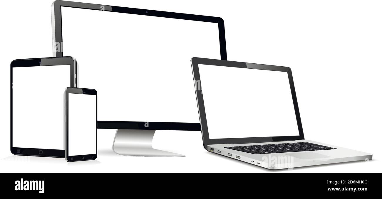 Modern computer monitor, laptop, digital tablet and mobile phone with ...