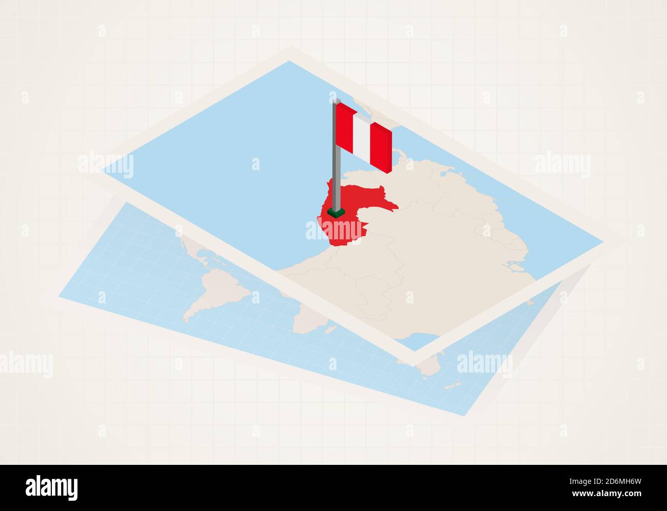 Peru selected on map with isometric flag of Peru. Vector paper map ...