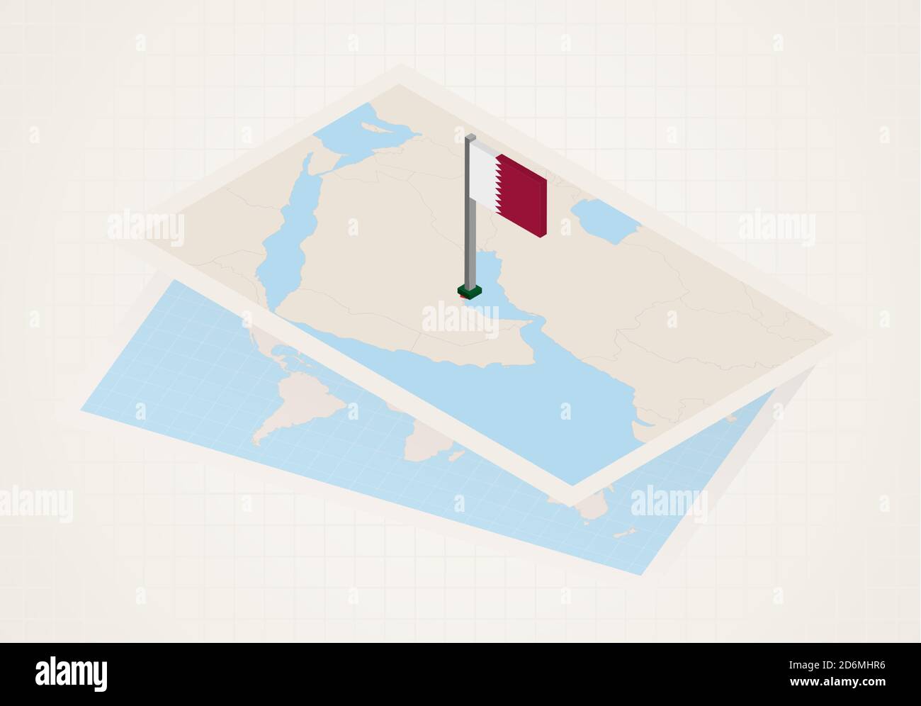Qatar selected on map with isometric flag of Qatar. Vector paper map ...