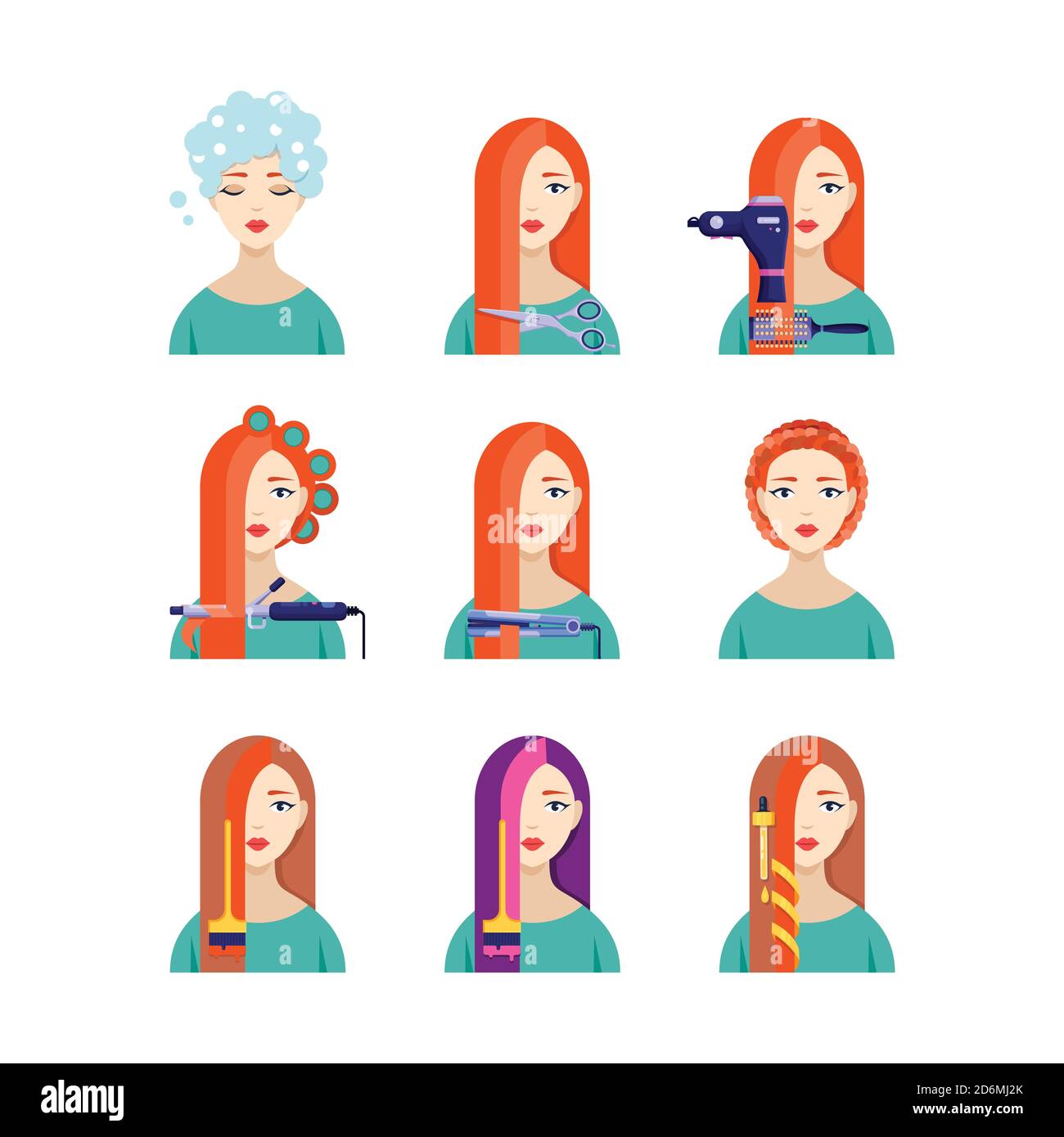 Female hair salon services, vector flat illustration. Beautiful woman ...