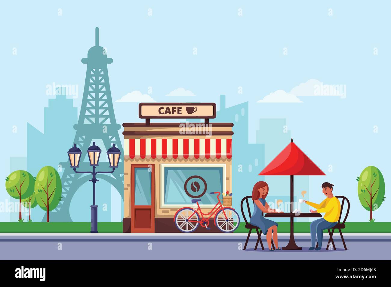 Young couple in Paris street cafe vector flat illustration. Man and ...