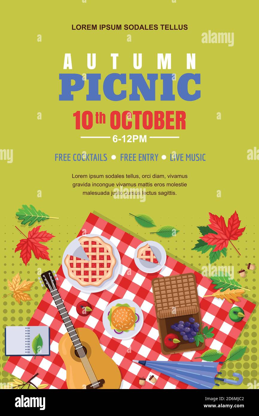 Autumn picnic, vector poster, banner layout. Fall landscape, leaves and ...