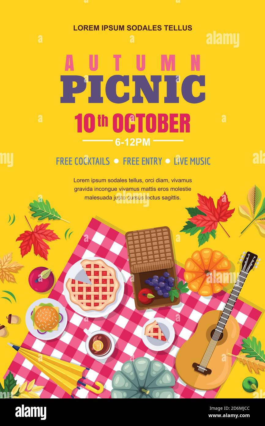Autumn picnic, vector poster, banner template. Fall leaves and food on ...
