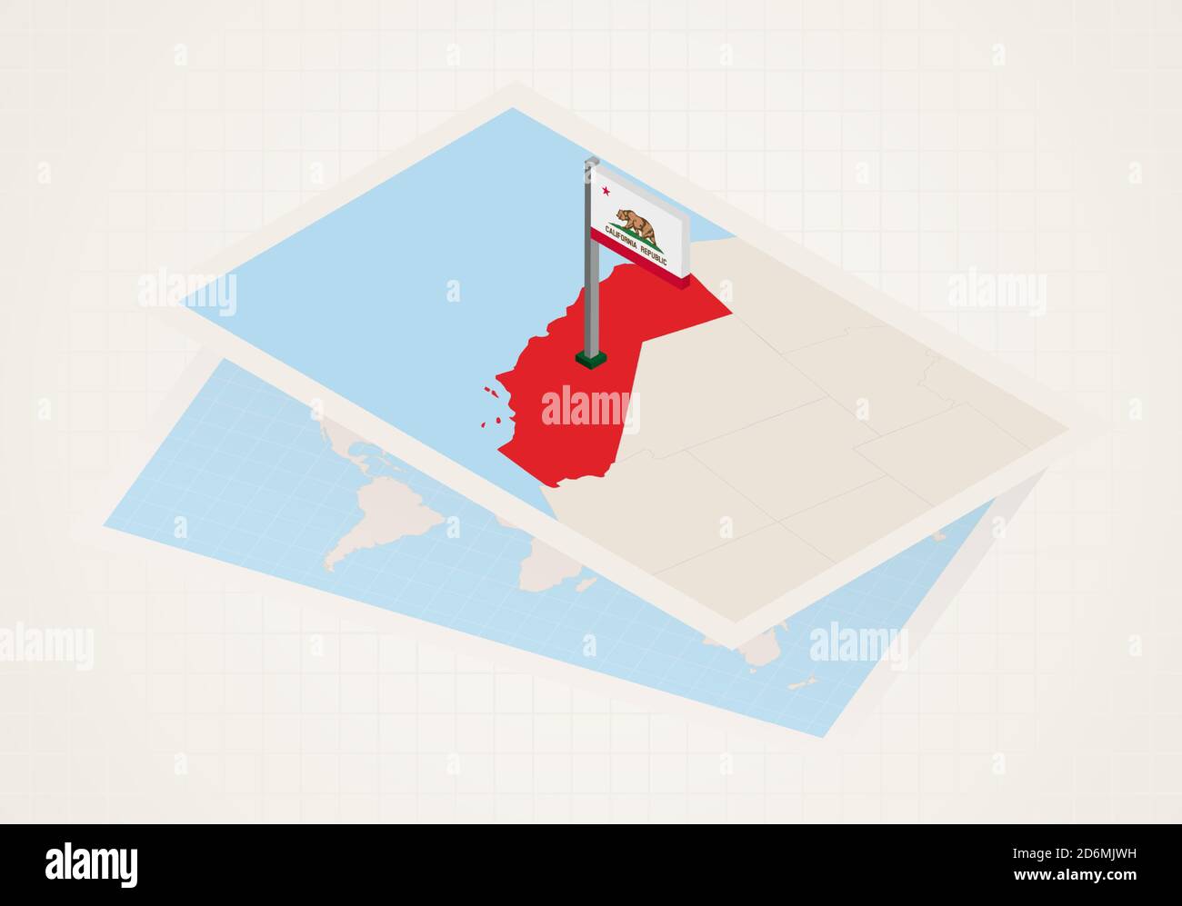 California state selected on map with isometric flag of California. Vector paper map Stock ...
