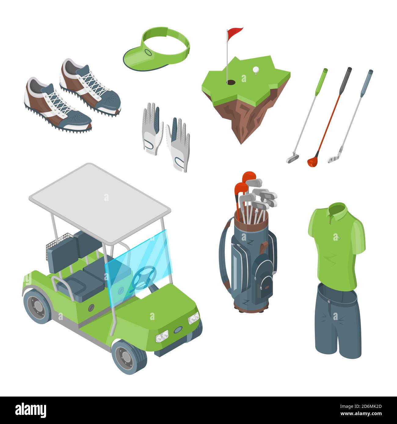 Golf club vector 3d isometric icons and design elements set. Golf cart ...