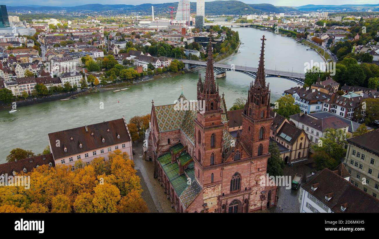 Aerial view over the city of Basel Switzerland and Cathedral Stock ...