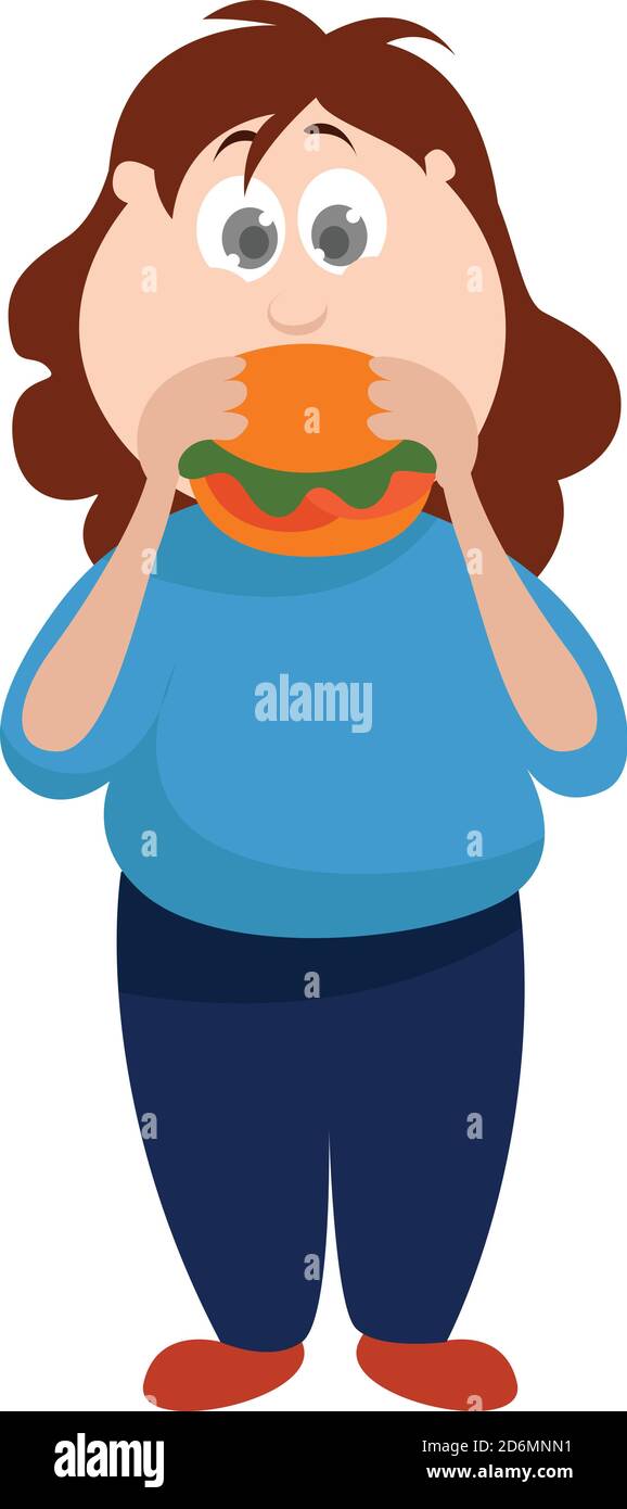 Girl eating a burger, illustration, vector on white background Stock ...