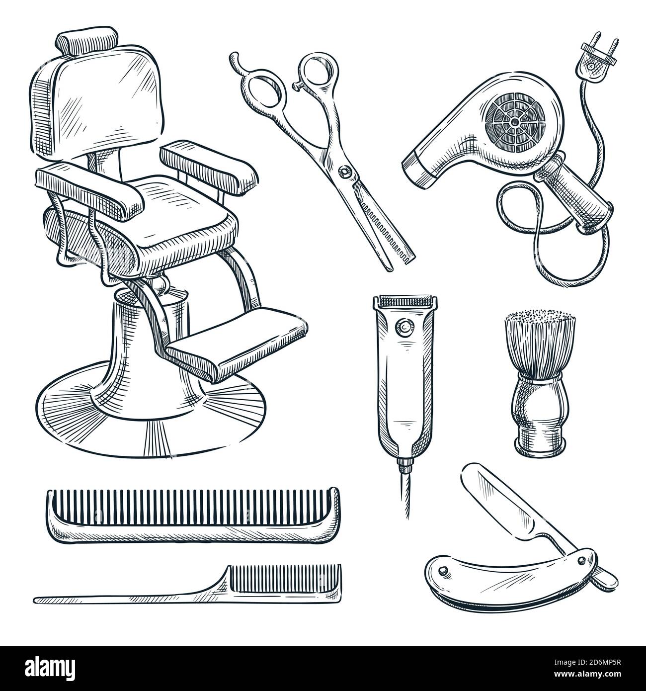Barbershop vintage tools and equipment vector sketch illustration. Hand ...