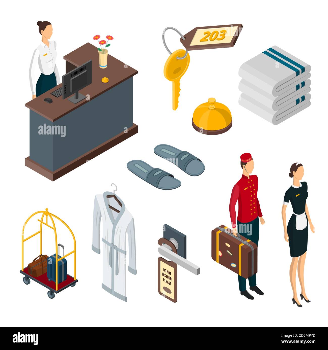 Hotel services vector 3d isometric icons and design elements set. Staff ...