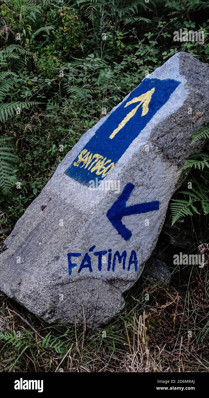 Arrow on a stone indicating to pilgrims the direction to walk in Saint ...