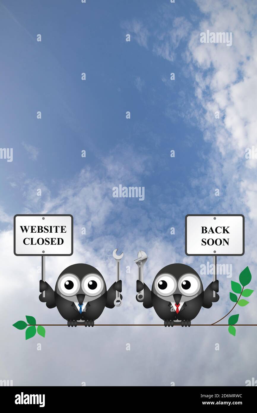 Comical website maintenance closed with back soon message set against a ...