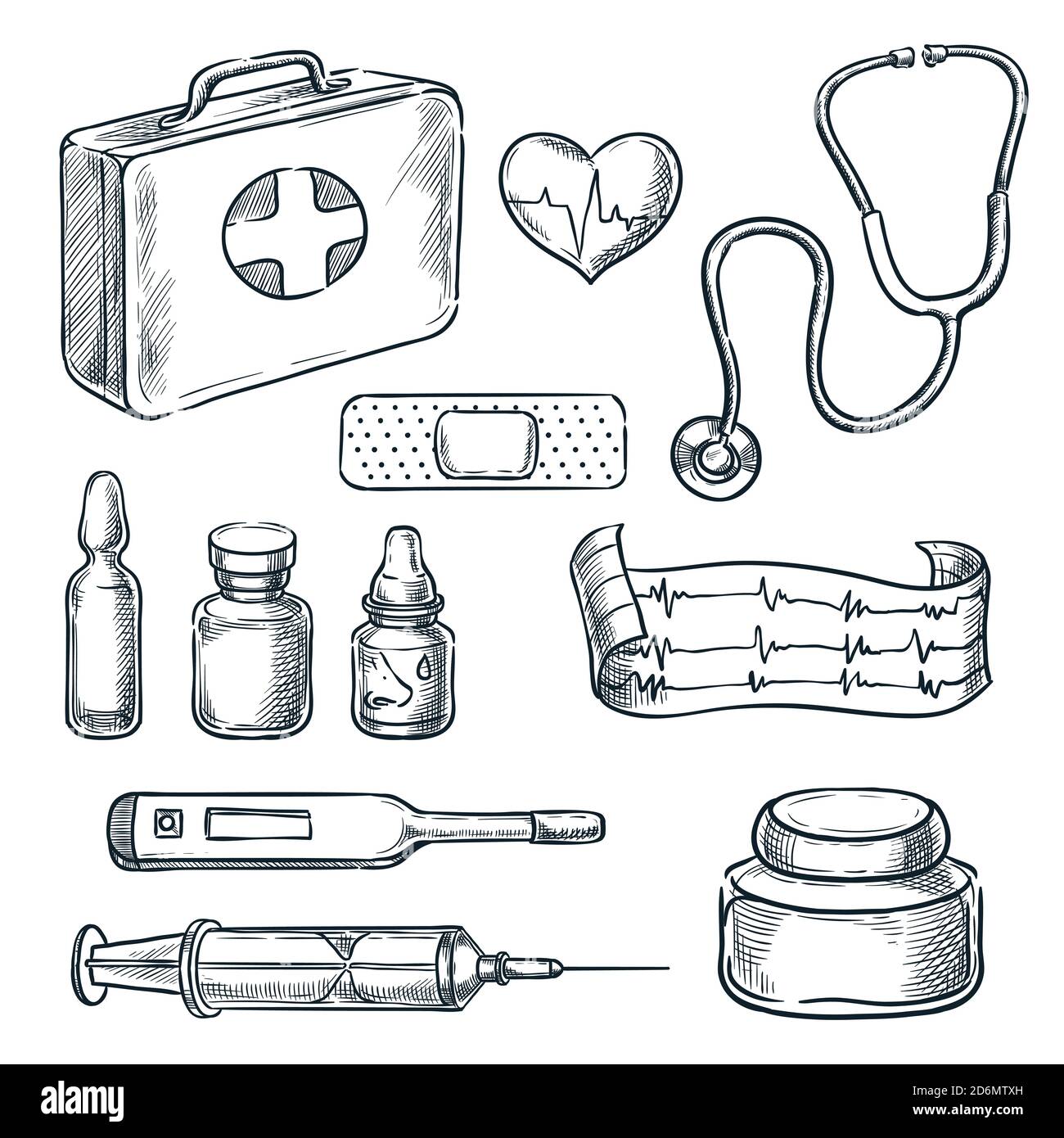 First aid kit vector sketch illustration. Medicine and healthcare hand ...